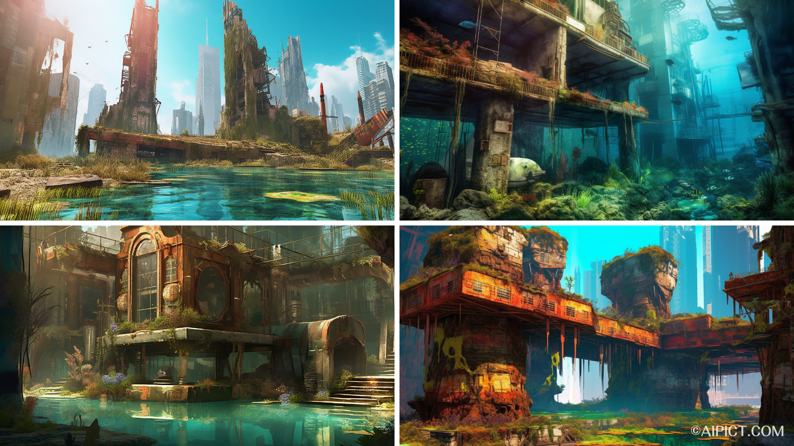 【フリー素材】水没都市の背景イラスト