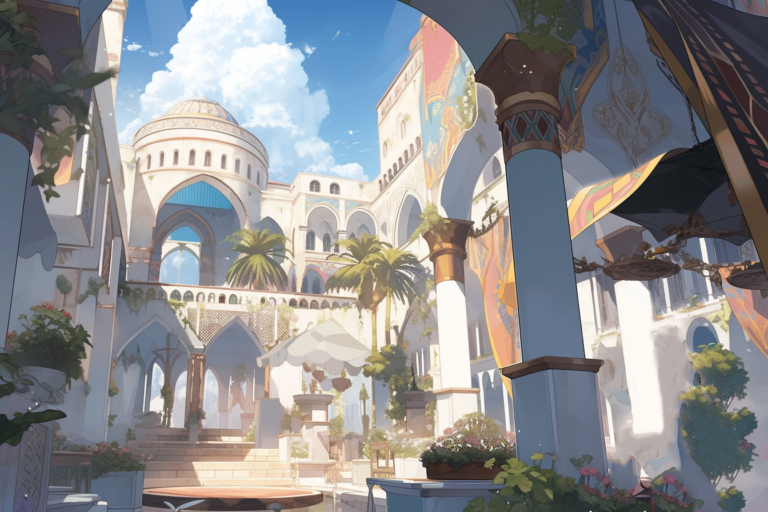 【フリー素材】中東ファンタジー風の建物や内部の背景イラスト