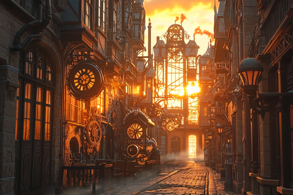 【フリー素材】スチームパンク風の街の背景イラスト